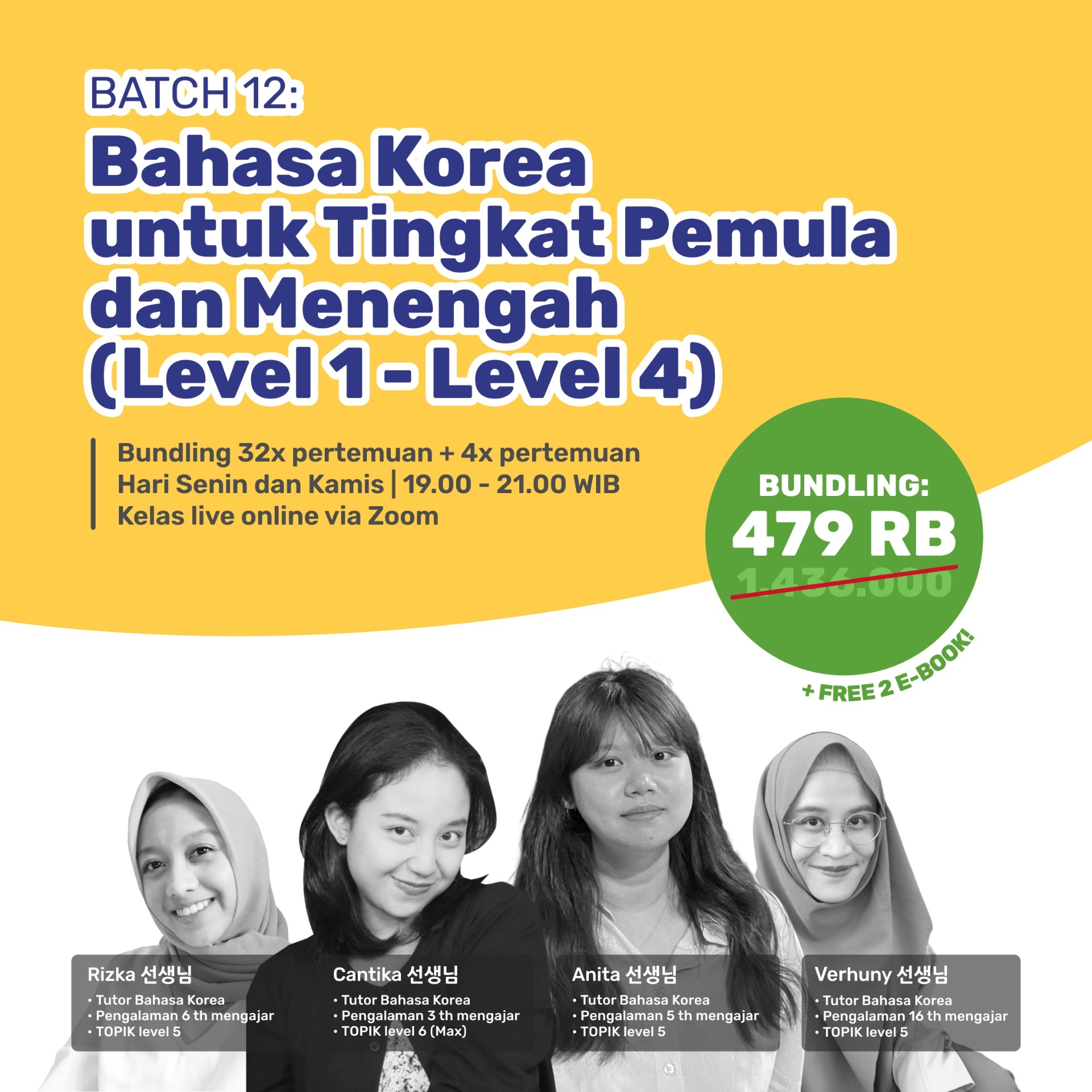 [Live Zoom] BUNDLING: Bahasa Korea untuk Tingkat Pemula hingga Menengah (Level 1-Level 4) Batch 12