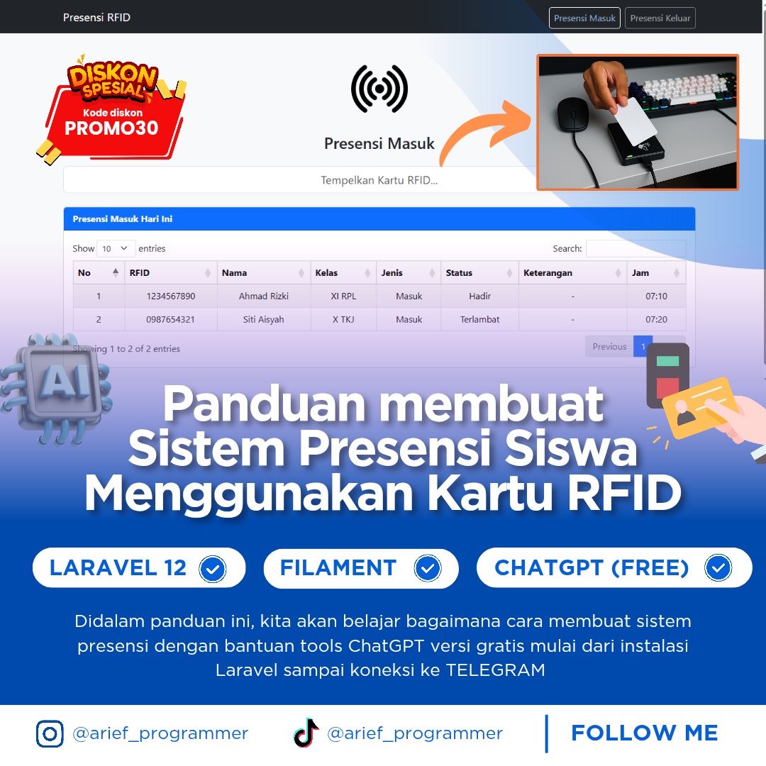 Kelas membuat sistem presensi siswa menggunakan rfid dengan framework laravel, filament dan ...