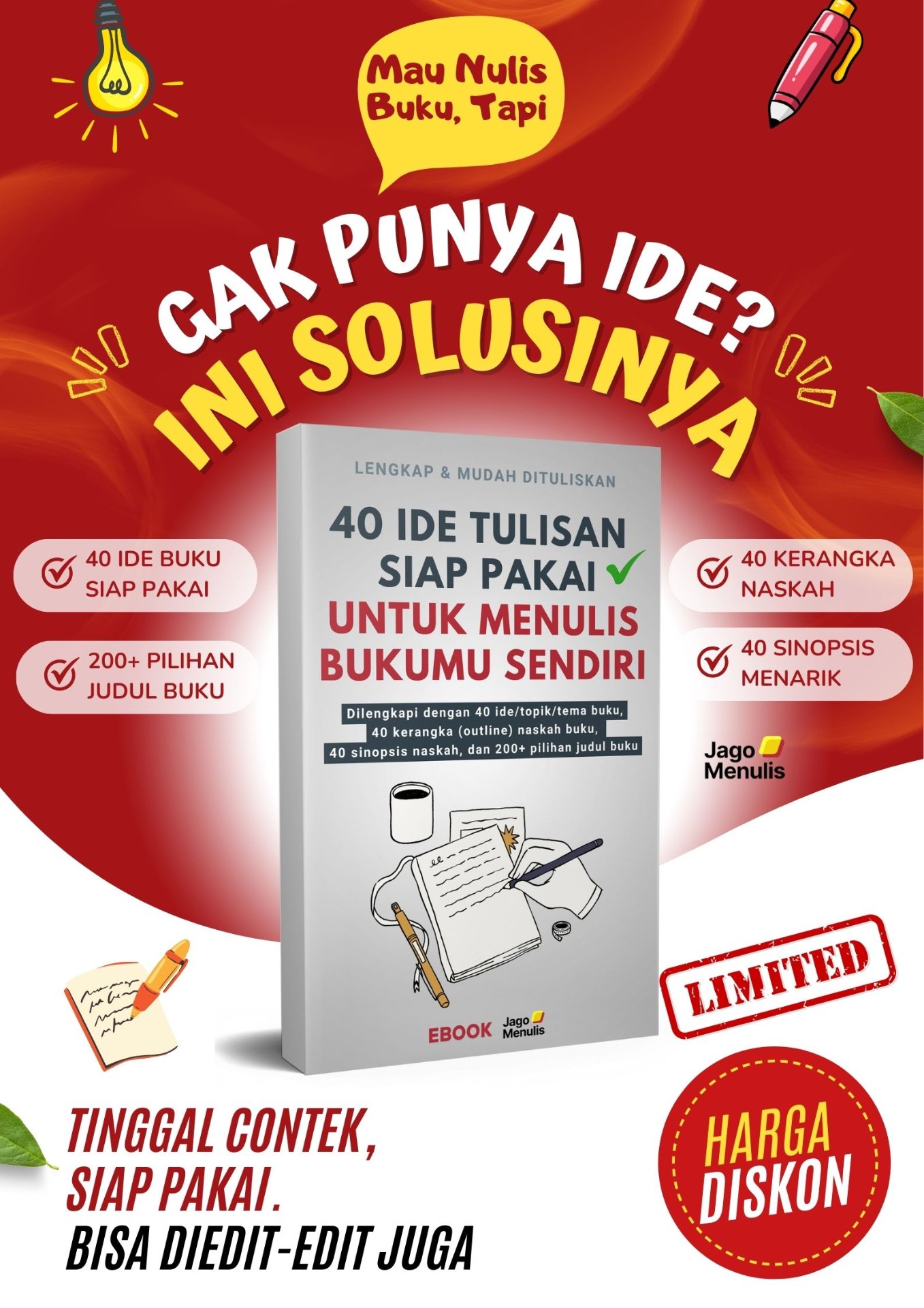 Ebook 40 Ide Tulisan Siap Pakai Untuk Menulis Bukumu Sendiri LENGKAP